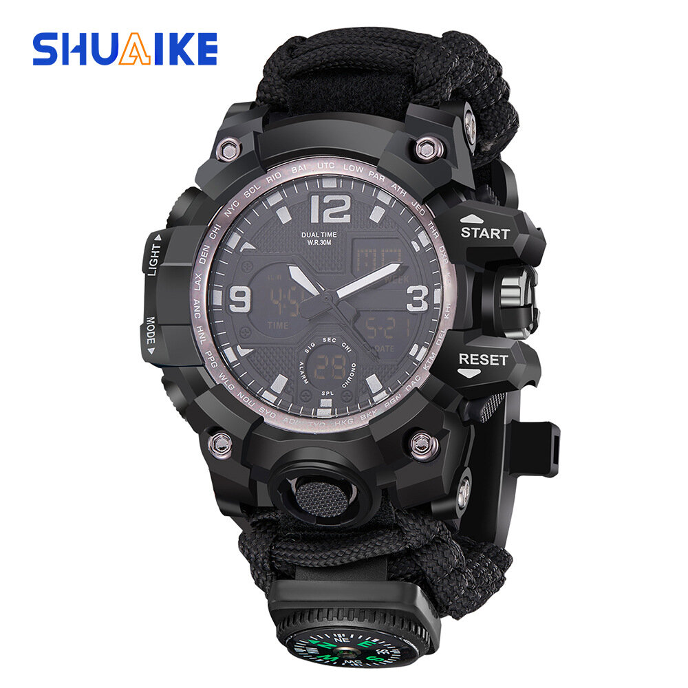 Электронные часы с двойным дисплеем, свисток, огниво, компас, термометр для мужчин, наручные часы для активного отдыха, в наличии, оптовая продажа