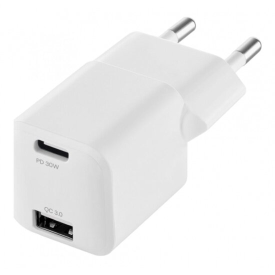 Сетевое зарядное устройство Ubear Pulse USB-C + USB-A, GaN, 30 Вт, белый