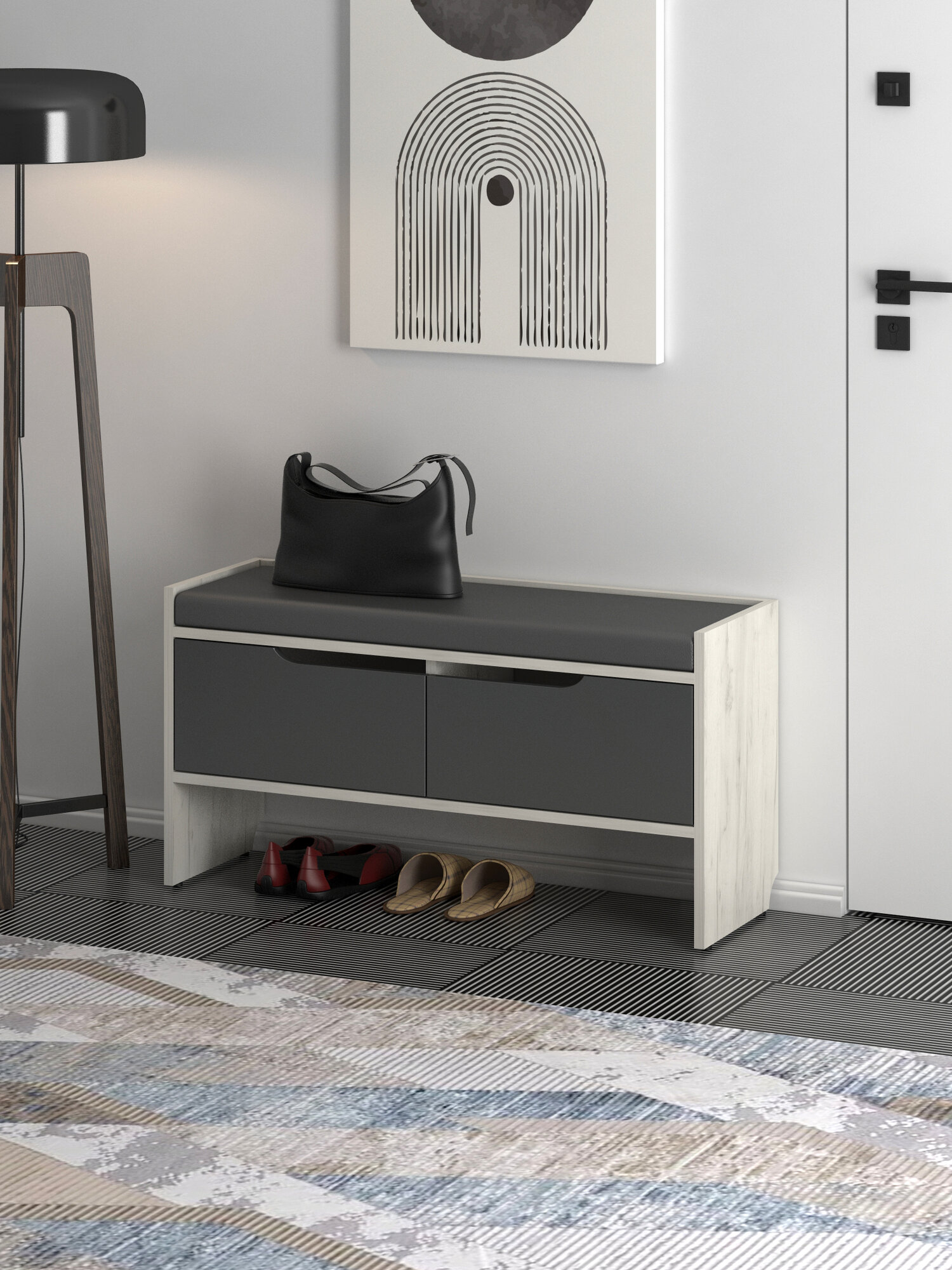 Обувница с сиденьем в прихожую, банкетка 90см, крафт белый/графит