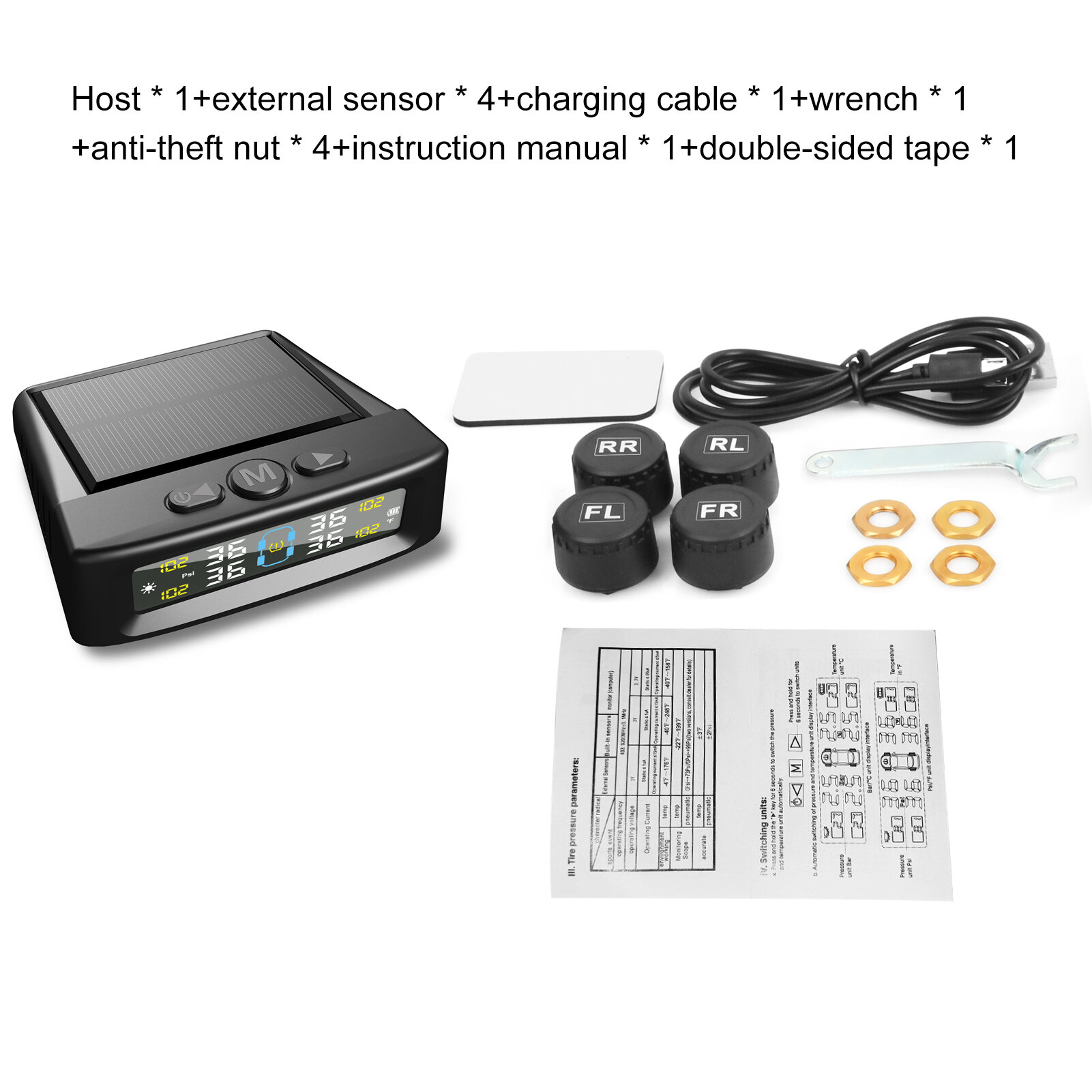 Система контроля давления в шинах, Солнечный Монитор с 4 Внешними Датчиками, Голосовая Сигнализация, Отображение температуры в режиме реального времени 0-5 Бар для Автомобиля SUV Внедорожник