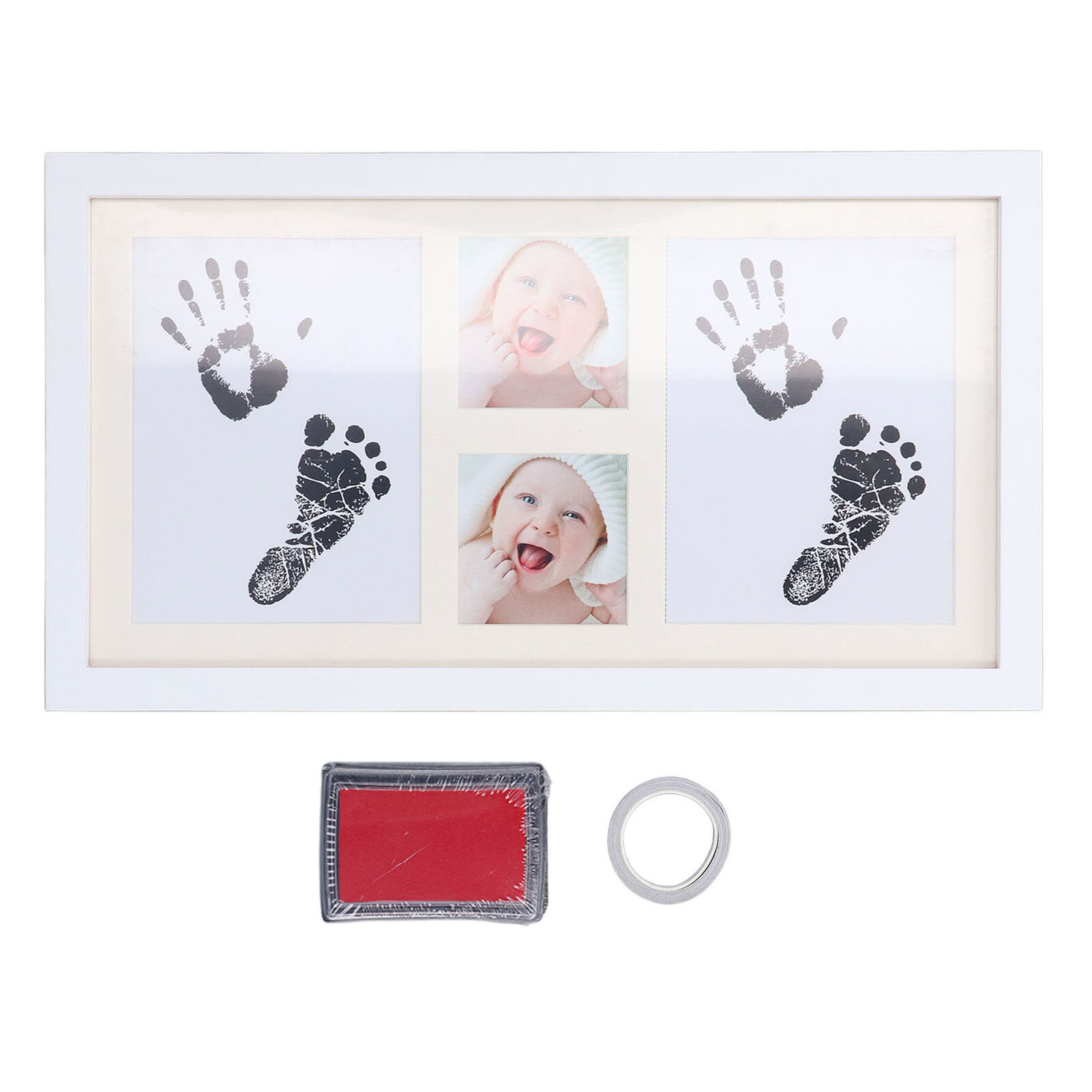 Набор для отпечатков ручек и ножек младенца в деревянной рамке. Набор для создания памятных отпечатков ручек и ножек новорожденного. Белая рамка. Красный картридж с чернилами.