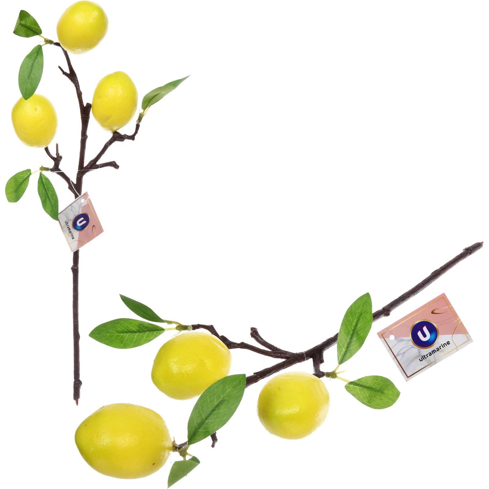 Декоративная ветка с лимонами 40 см, искусственные фрукты и листья, пластик, для интерьера