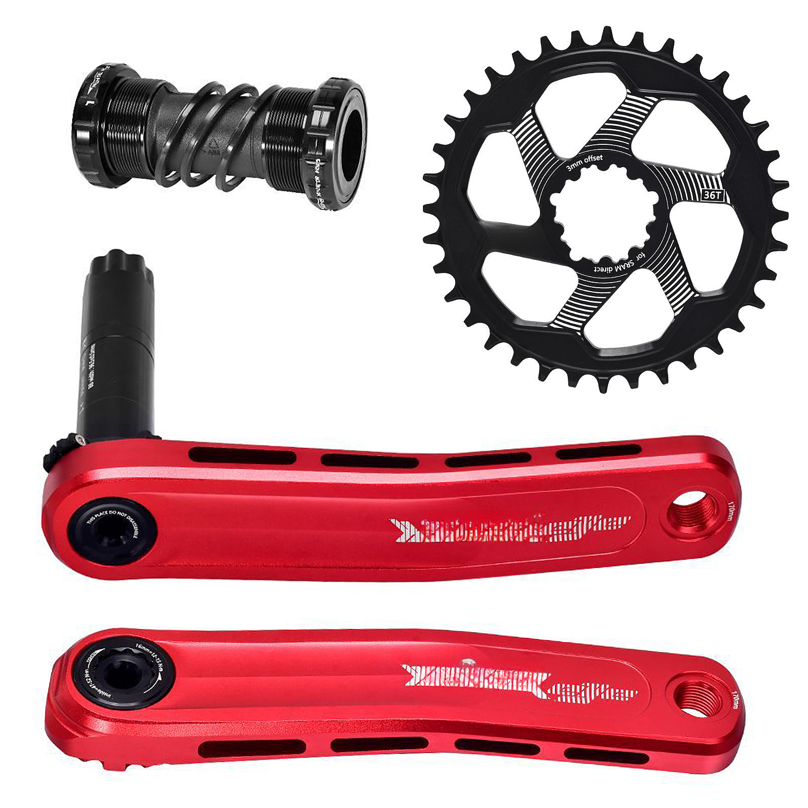 Кrankset для горных велосипедов 170mm MTB в комплект с валом и звездой 30T/32T/34T/36T/38T, черный/красный, алюминиевый сплав, 8-12 скоростей, ось 24mm, центр цепи 49mm, Q-фактор 168mm, для Sram X9/X0/GX/NX/X1/X01/XX1, валом 68/73mm BSA, вес 705g