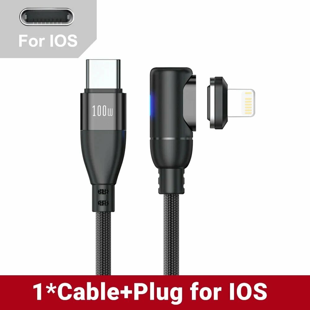 Магнитный кабель USB Type-C AUFU 5A, PD100W, быстрая зарядка, 90 градусов, магнитное зарядное устройство, кабель Micro Type-C для Macbook, ПК, Samsung, iPad 1.8 m(6.6ft), Black for iPhone