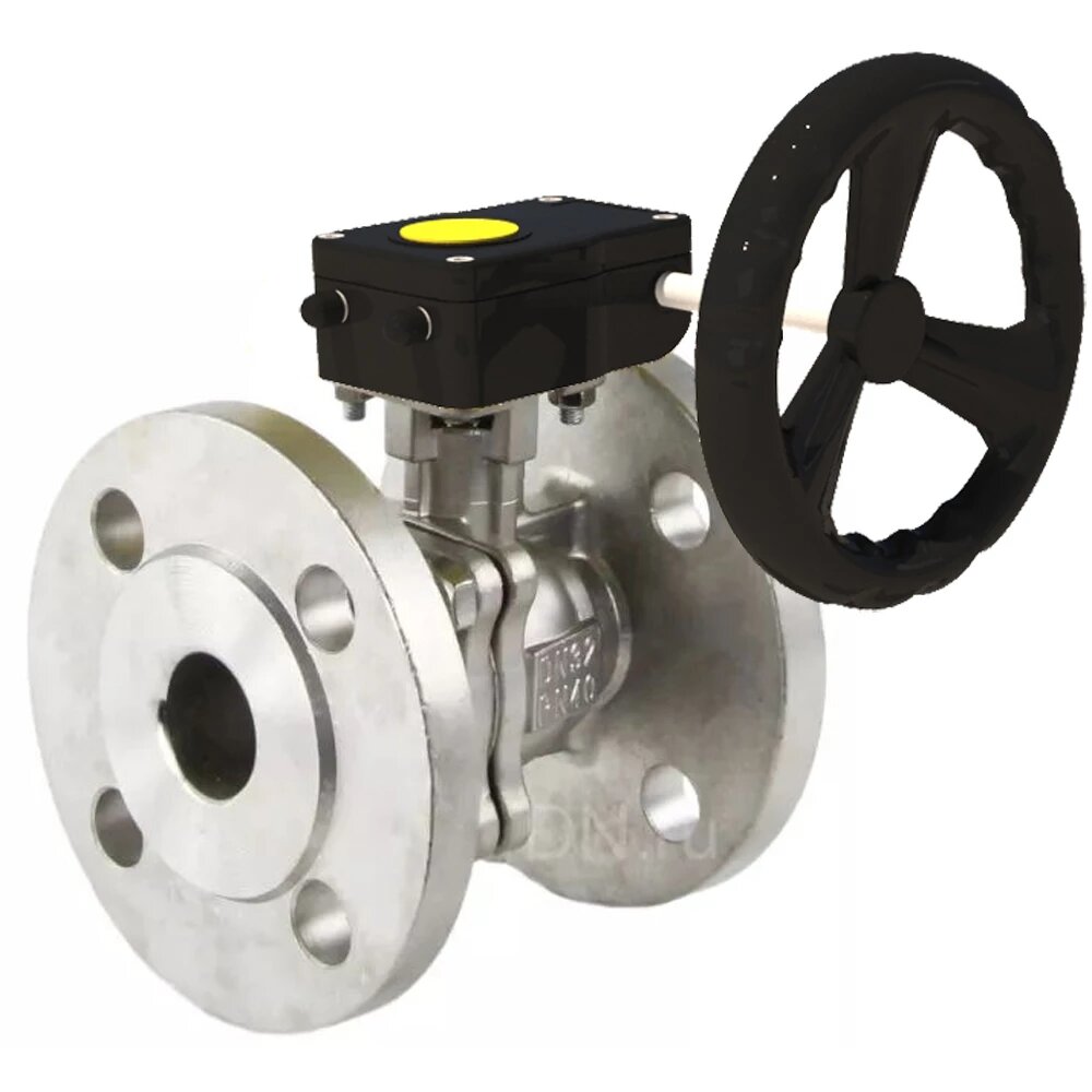Кран шаровой DN.ru кшфп.316.200 Ду100 Ру16 полнопроходной двухходовой, нержавеющая сталь 316, фланцевый, уплотнение - PTFE, с ISO-фланцем и редуктором DN. ru HAM-2