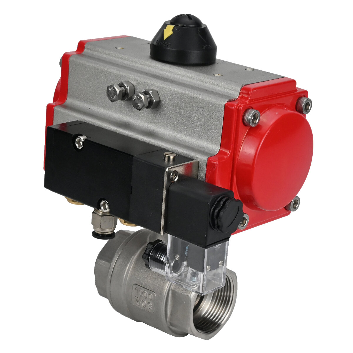 Кран шаровой DN.ru кшмп.316.230-ISO Ду50 Ру63 полнопроходной, внутренняя резьба, нержавеющая сталь 316, уплотнение - PTFE, с пневмоприводом DA-065, пневмораспределителем PND2-S1EM-52-1NC-J08-24VDC