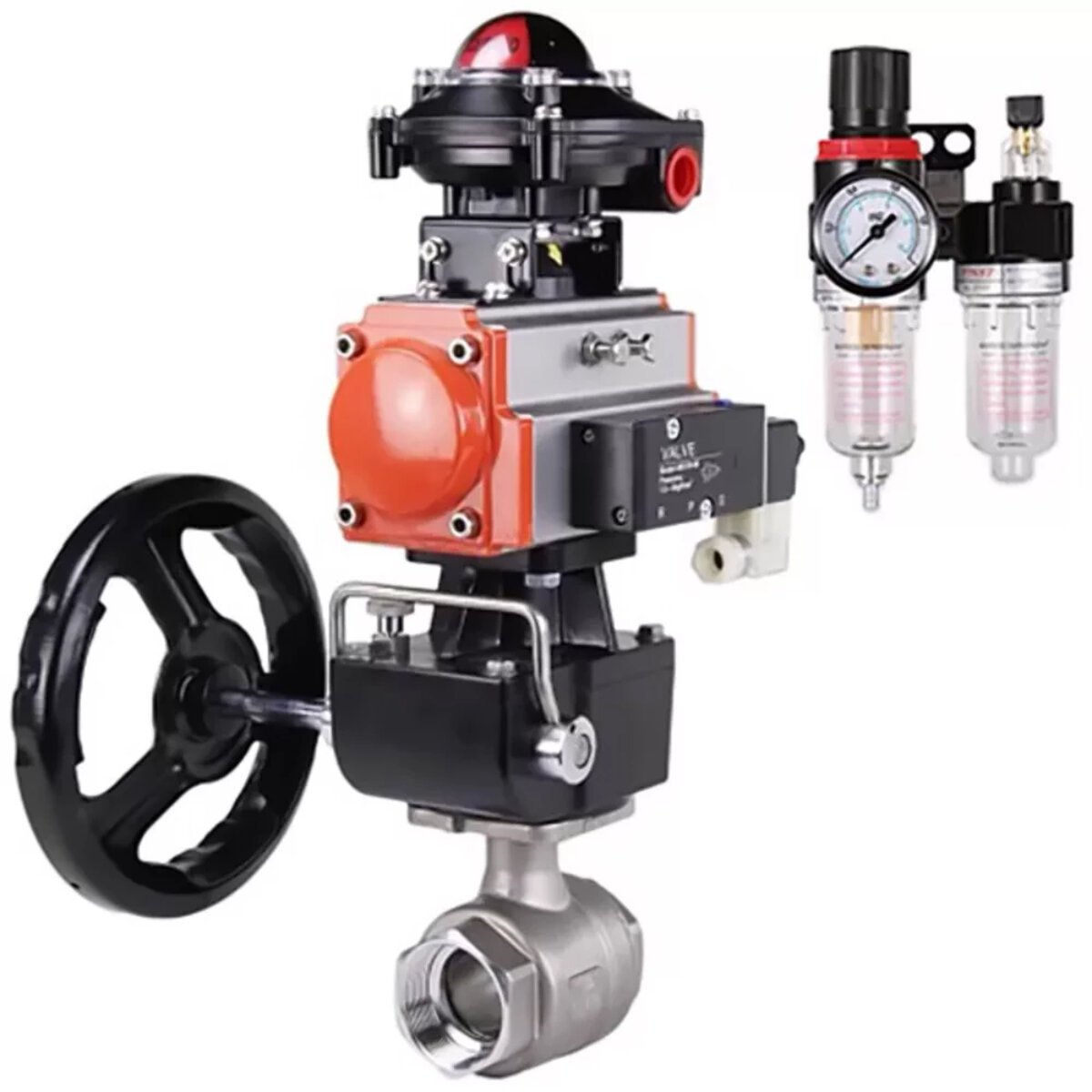 Кран шаровой DN.ru кшмп.316.230-ISO Ду100 Ру40 полнопроходной, внутренняя резьба, нерж. сталь 316, уплотнение - PTFE, с пн. приводом DA-083, пн. распределителем PND1-S2EM-52-2-T10-220VAC, БКВ LSB-410-02ExM12-250, ручным дублером HDM-2, БПВ APU1-10-40-V08