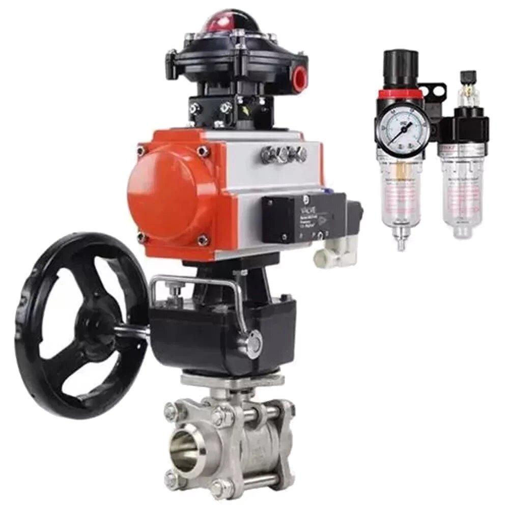 Кран шаровой DN.ru кшпп 316.200-ISO Ду20 Ру63, полнопроходной под приварку, нержавеющая сталь SS316, PTFE, с пневмоприводом DA-052, с пневмораспределителем PND2-S1EM-52-1NC-J08-220VAC, с БКВ LSB-410-02ExM12-250, с дублером HDM-1, с БПВ APU1-10-40-V08