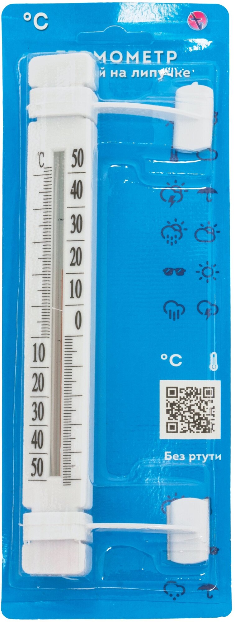 Термометр оконный Липучка ТБ-223 , от -50 до +50°C, стеклянный, белый, 1шт