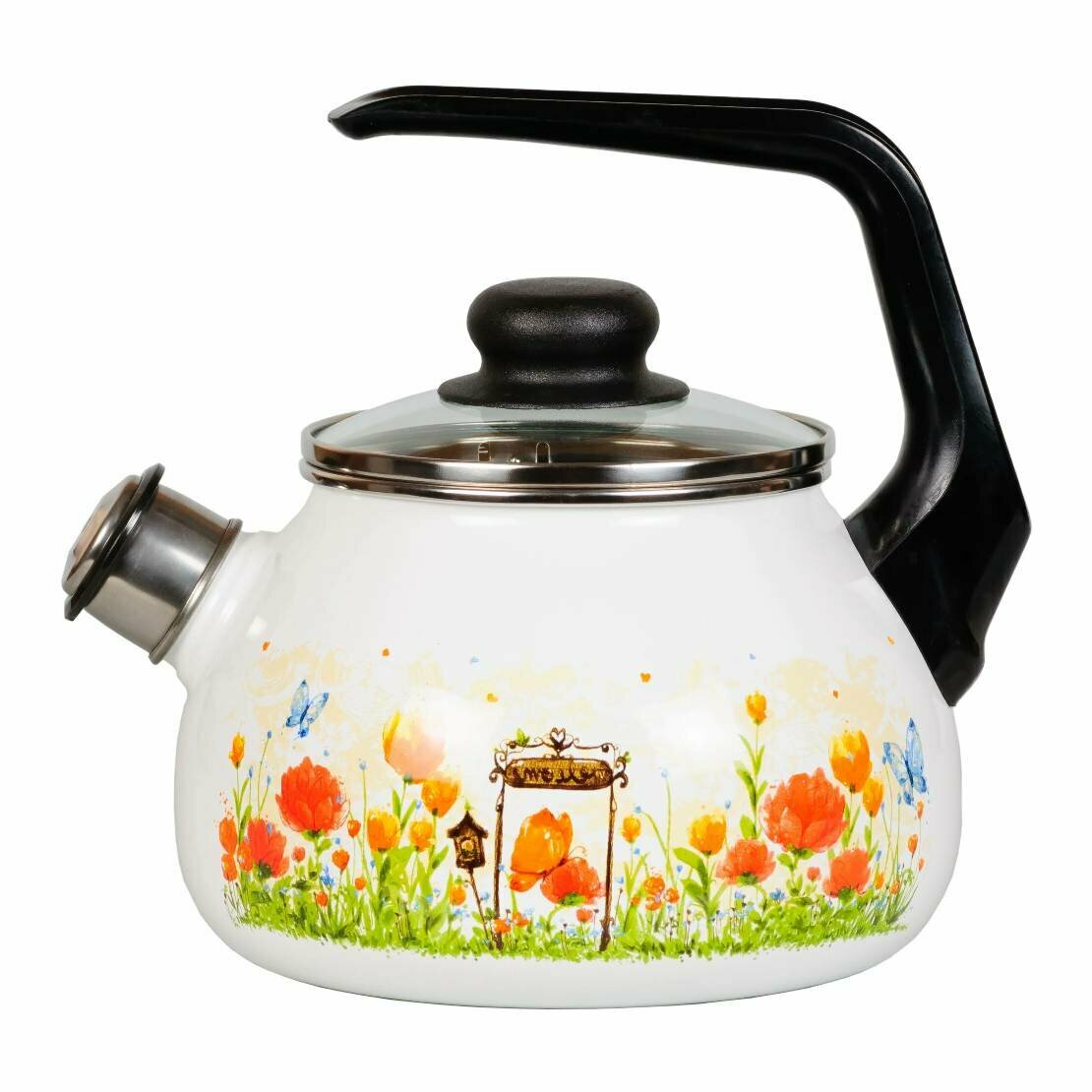 Чайник Стальэмаль 4с210я со свистком, 2 л, эмалированная сталь, термоизолированная ручка, белый с рисунком