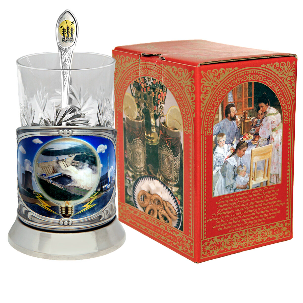 Набор для чая "Энергетики" (3 пр.) цветой, карт. коробка, хруст. стакан, латунь никелированная, термоперенос, ложка-нерж, термоперенос. ПДЦ-525/1К