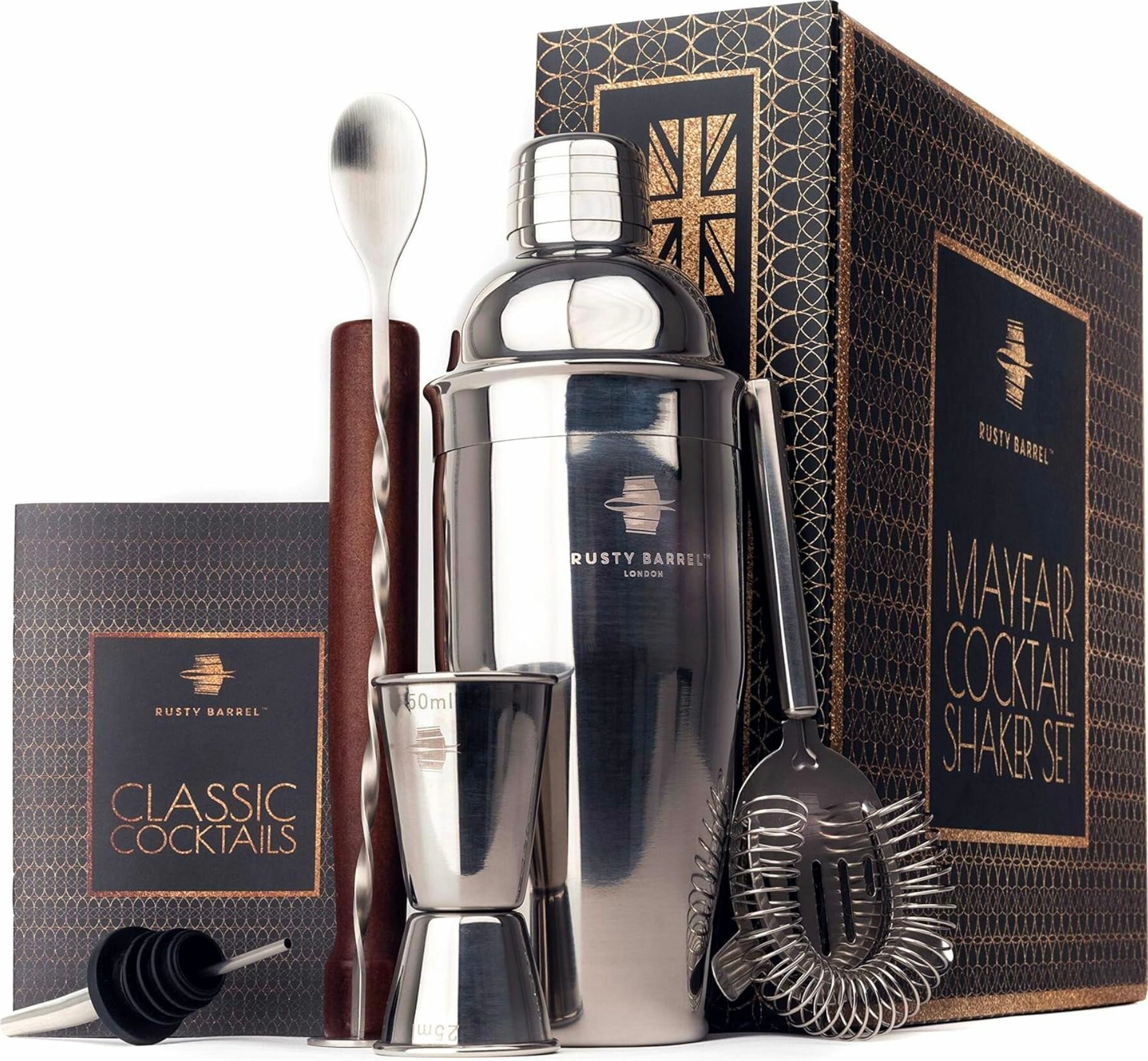 Rusty Barrel Набор для приготовления коктейлей с шейкером Mayfair Cocktail в серебре
