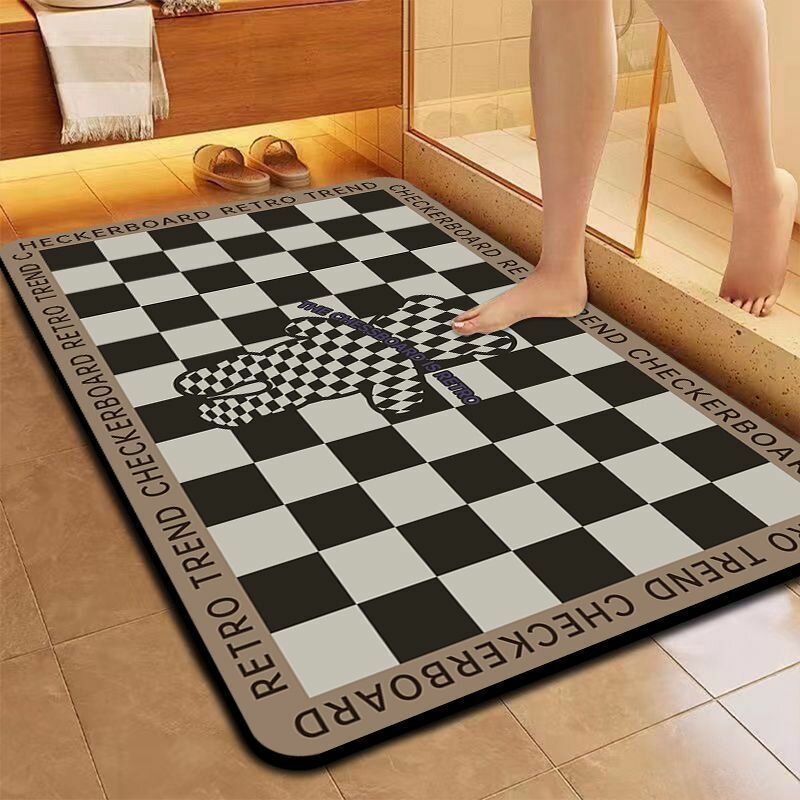 Ванная комнаты коврик с медвежьим принтом, нескользящий, 60x90см, черно-белый клетчатый медвежий дизайн