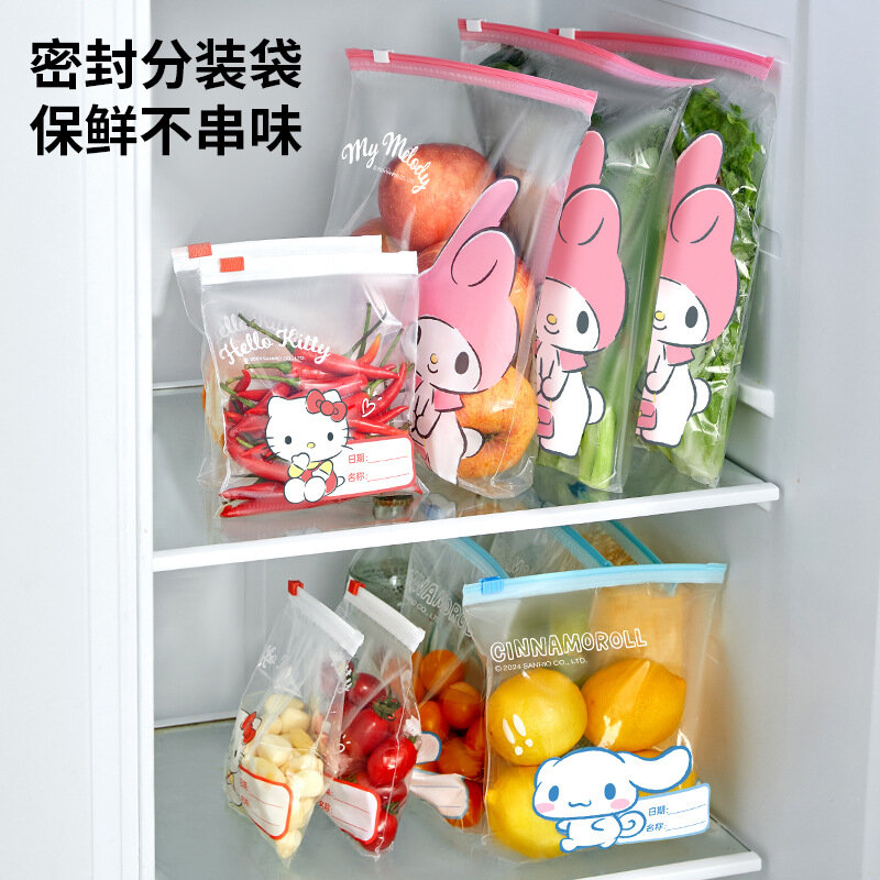 Пакеты Sanrio из пищевого пластика с многоразовой застежкой, утолщенные самозакрывающиеся пакеты для домашнего использования, пакеты для упаковки детского питания, пригодные для хранения в холодильнике, пакеты для хранения продуктов с застежкой-молнией.
