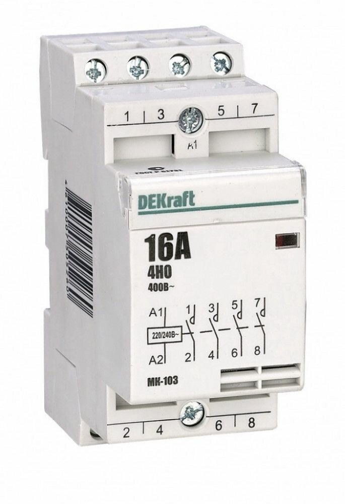 Контактор модульный DEKraft 4 нормально открытых контакта, номинальный ток 16 А, напряжение 230 В