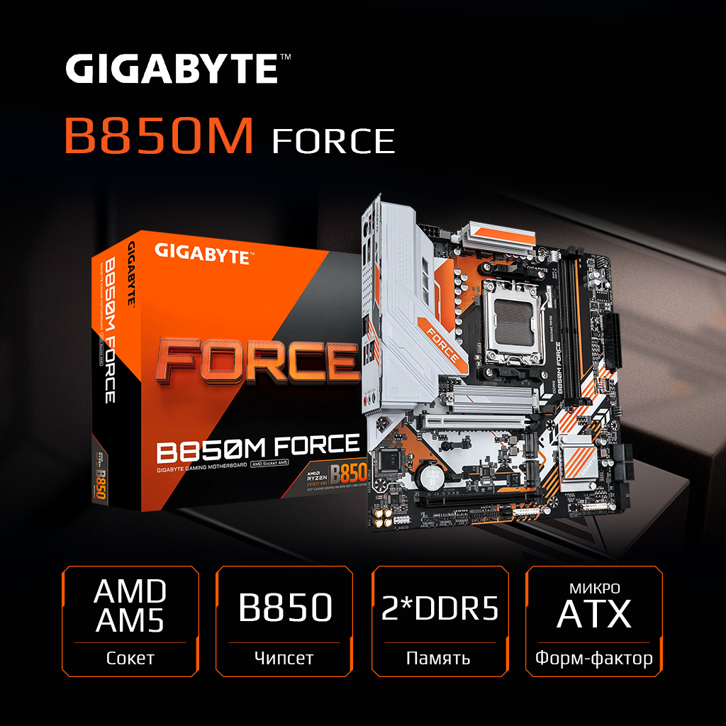 Материнская плата Gigabyte B850M FORCE, AM5, AMD B850, Micro-ATX, RTL (B850M FORCE)