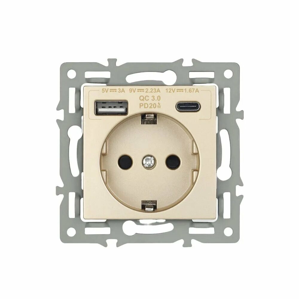 Розетка с usb(без рамки), с Usb/Type-C АC, 20Вт быстрой зарядки, Золотой