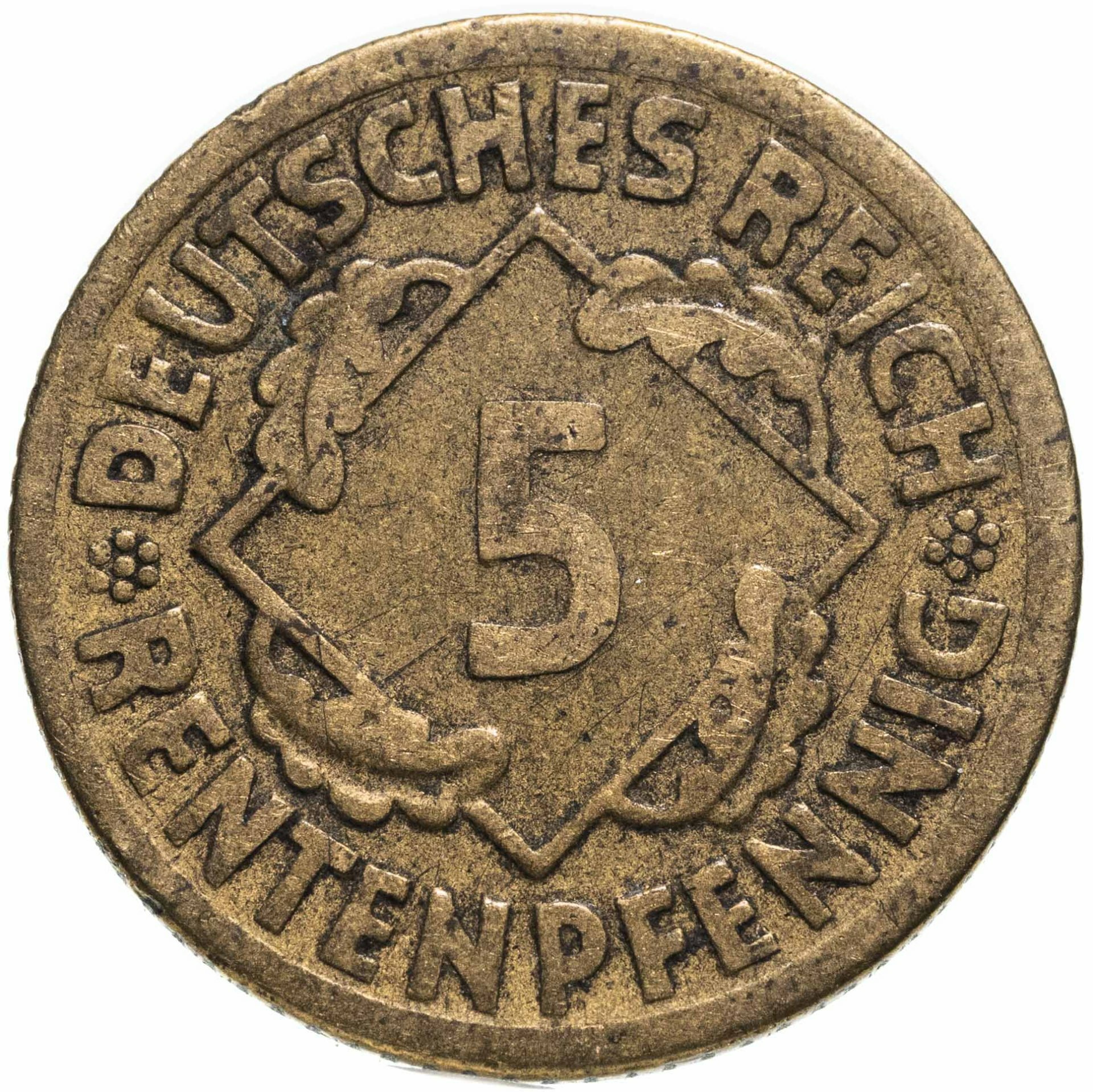 Германия 5 рентенпфеннигов 1924, знак монетного двора "F" — Штутгарт, Бронза, в сохранности VF-XF