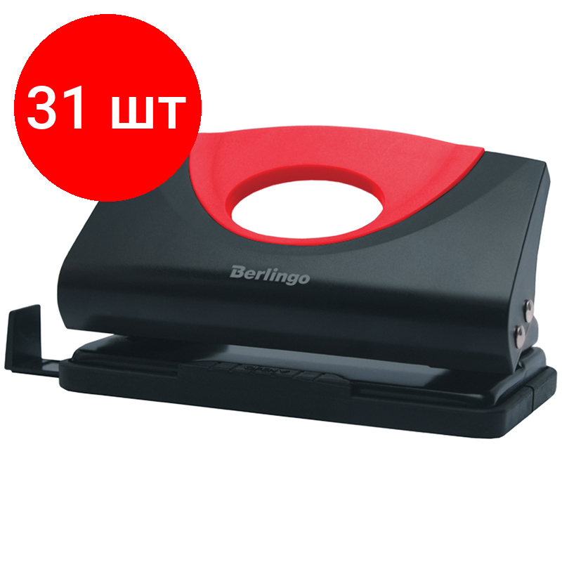 Комплект 31 шт, Дырокол Berlingo "Office Soft" 10л, пластиковый, красный, с линейкой