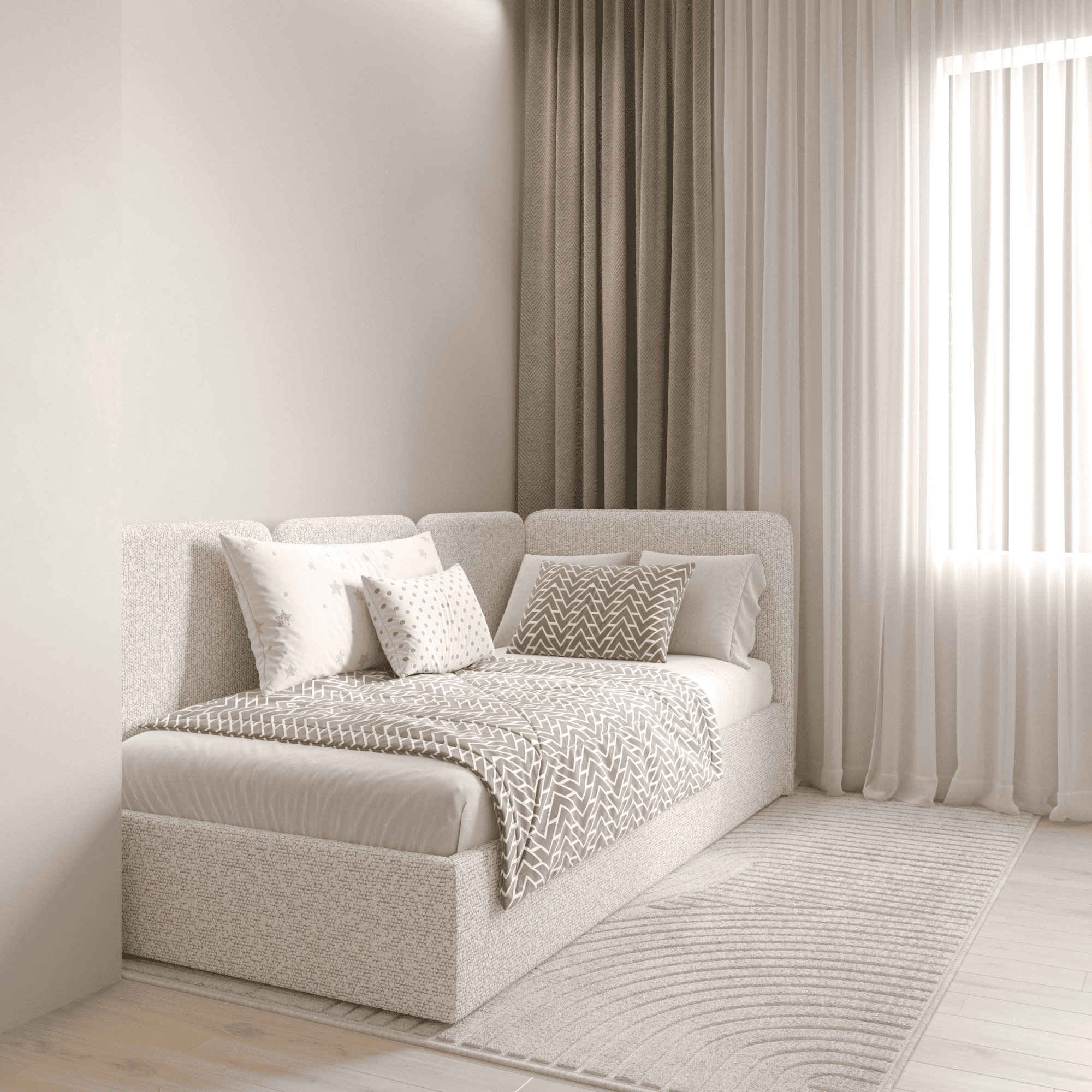 Кровать детская угловая дизайнерская 80х200 «Луна», ткань букле , мягкая кровать