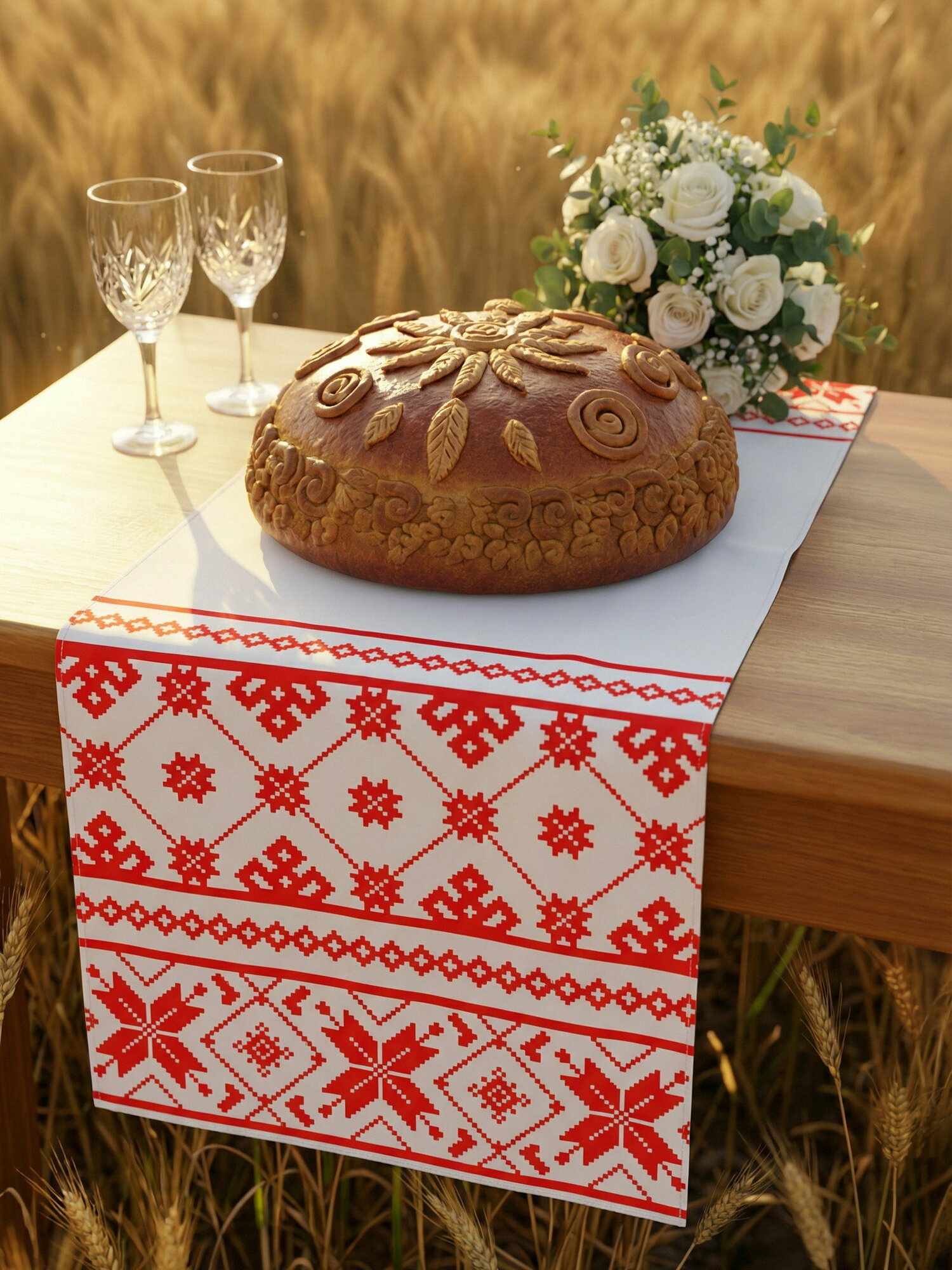 Рушник "Семейный очаг", 150x36 см, красный, цвет: белый, тематика праздника: венчание