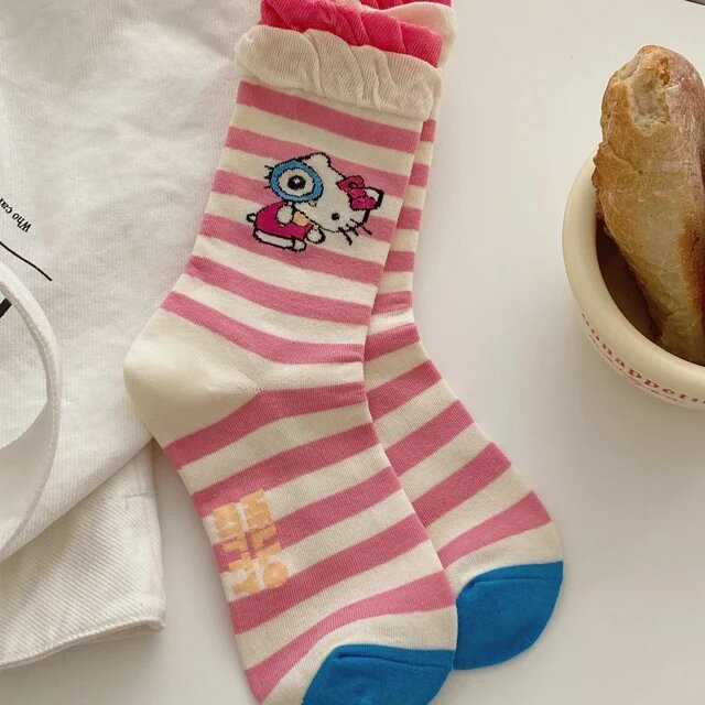 Милые носки Hello Kitty, украшенные бантиками, очаровательные и стильные носки до середины икры, теплый подарок на день рождения, в мультяшном стиле.