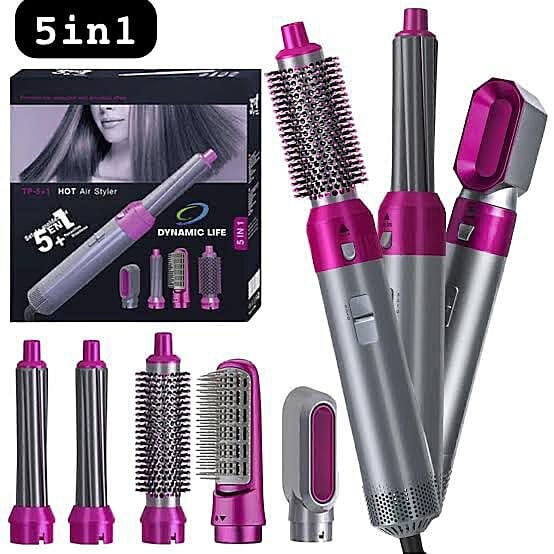 Фен 5 в 1, фен-щетка с горячим воздухом, щипцы для завивки и придания объема, выпрямитель для волос, съемный фен-стайлер с отрицательными ионами для разглаживания волос, предназначенный для сушки, выпрямления, расчесывания и завивки.