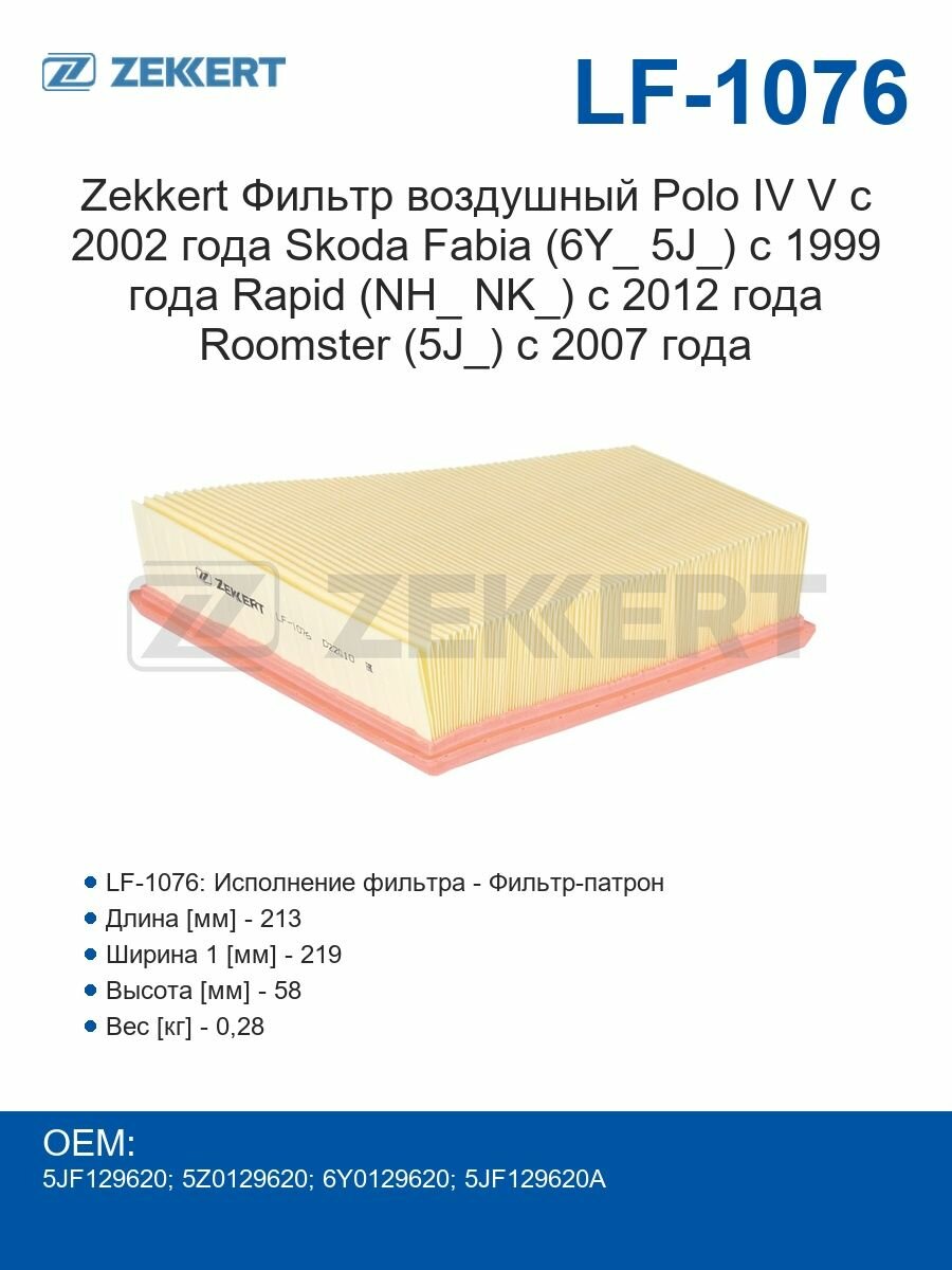 Zekkert Фильтр воздушный Polo IV V с 2002 года Skoda Fabia (6Y_ 5J_) с 1999 года Rapid (NH_ NK_) с 2012 года Roomster (5J_) с 2007 года