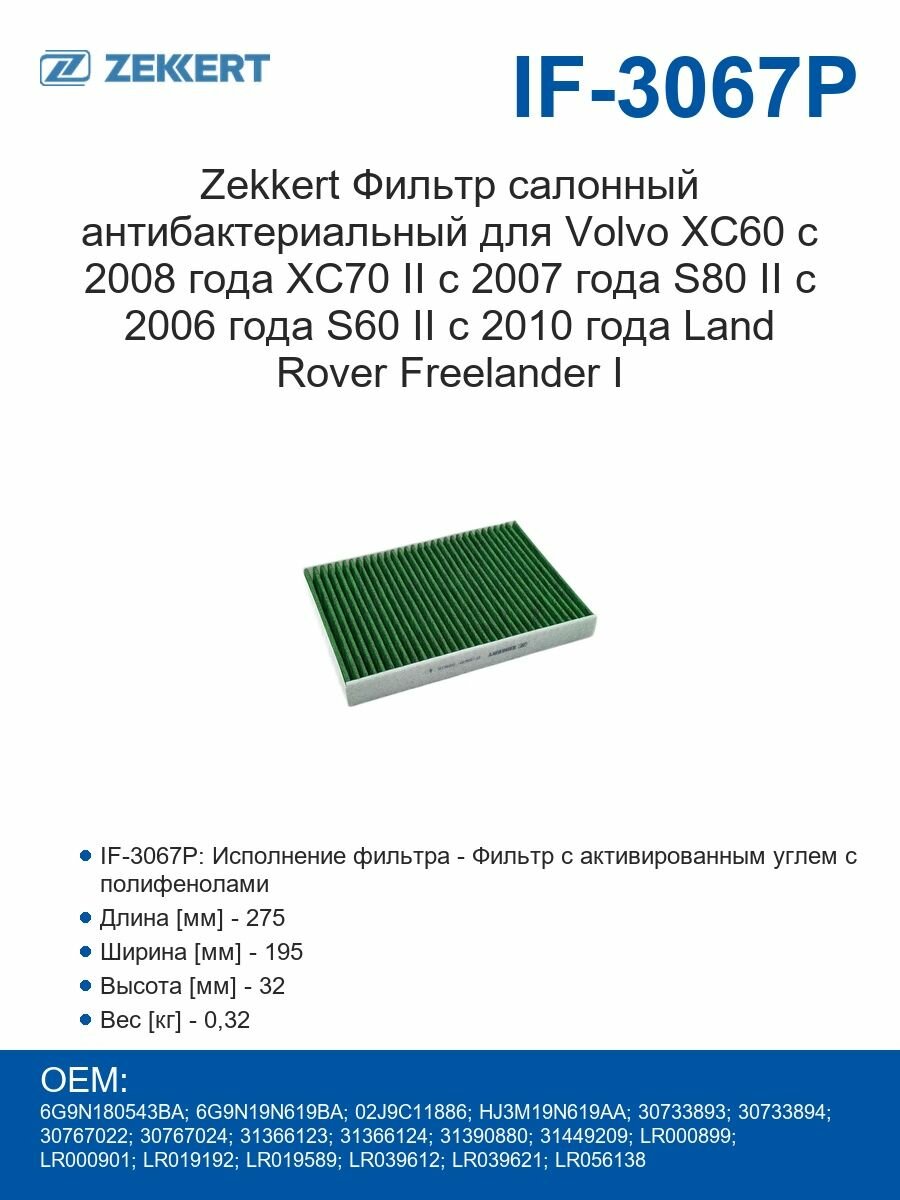 Zekkert Фильтр салонный антибактериальный для Volvo XC60 с 2008 года XC70 II с 2007 года S80 II с 2006 года S60 II с 2010 года Land Rover Freelander I