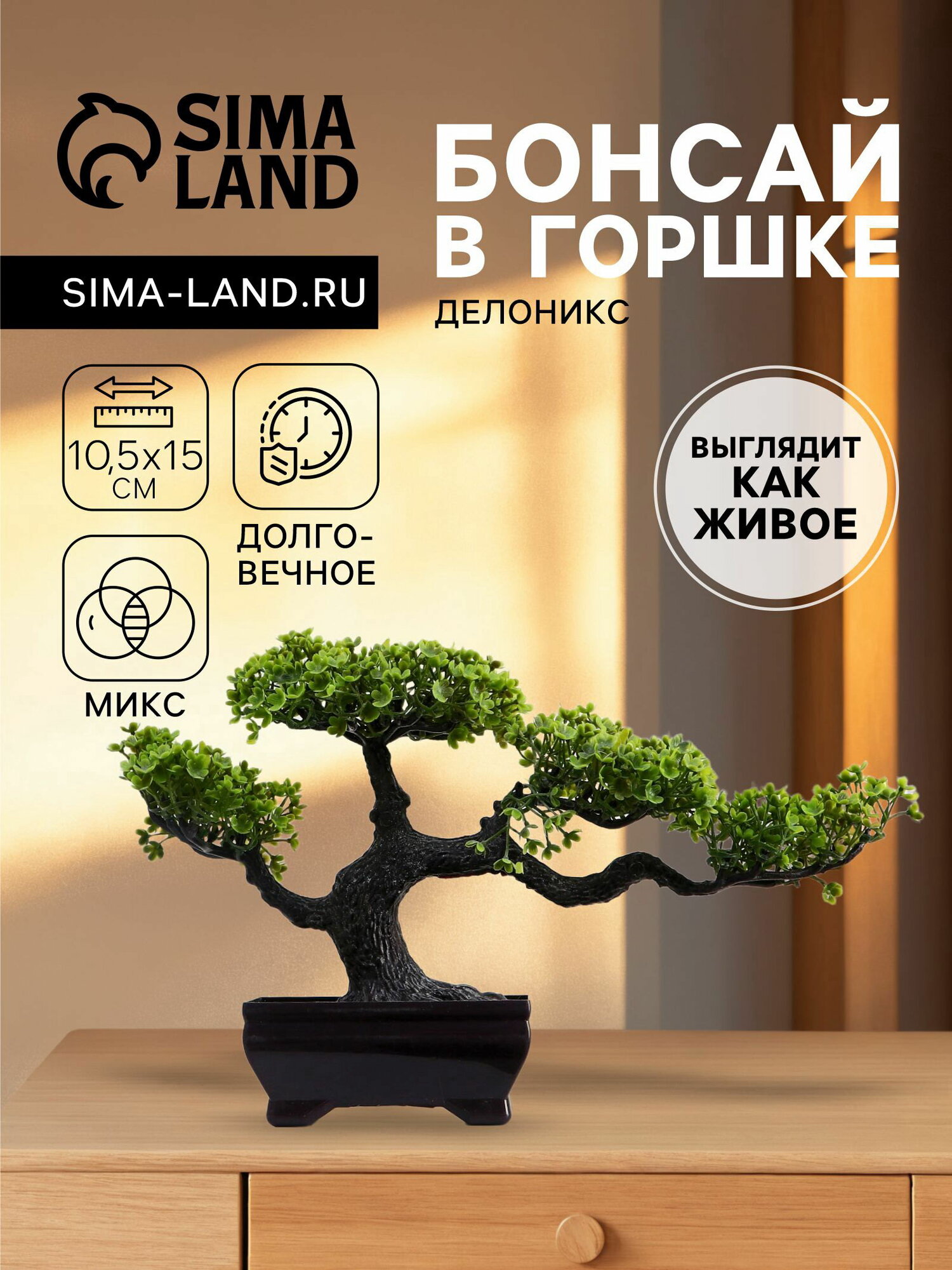 Бонсай в горшке "Делоникс", 10.5x15 см, цвет: зелёный, размер упаковки: 10 x 17 x 30 см.