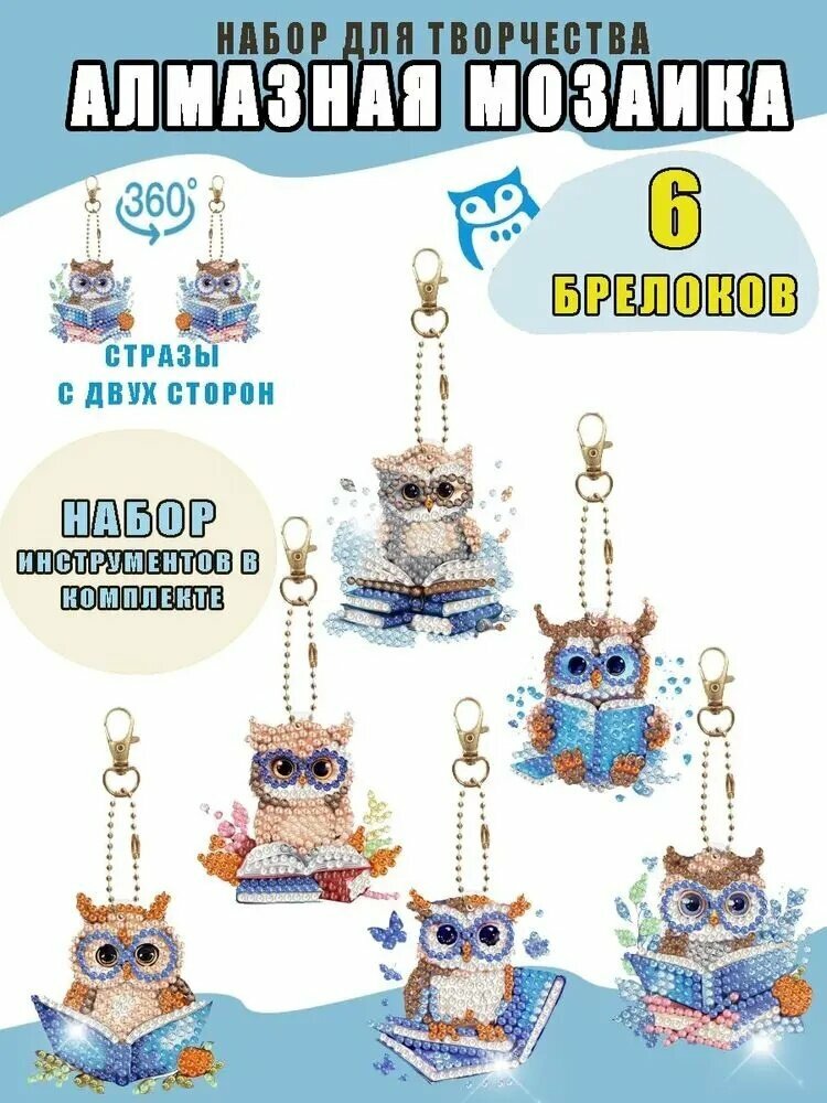 Алмазная мозаика совы двусторонних брелков 6 штук/Набор для творчества для детей