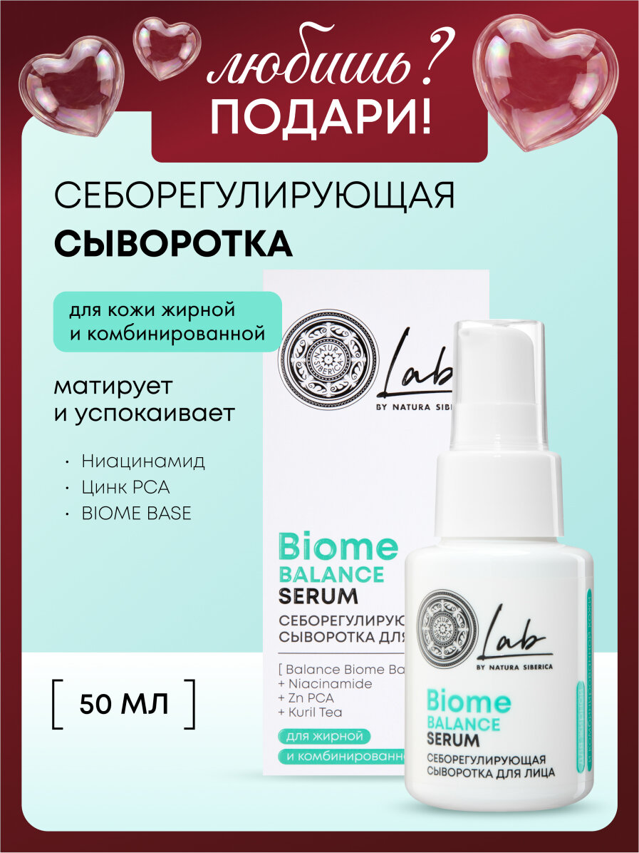 Сыворотка для лица Natura Siberica Lab Biome Balance себорегулирующая матирующая от прыщей с ниацинамидом и цинком 50 мл