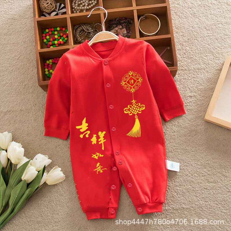 Красный наряд для новорожденного на полнолуние, тонкий комбинезон, праздничный ярко-красный бесшовный комбинезон для новорожденного на сто дней
