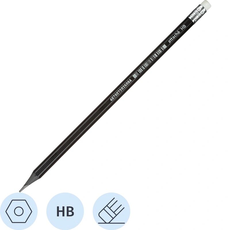 Карандаш чернографитный плаcтик, с ластиком, HB, черн. корпус