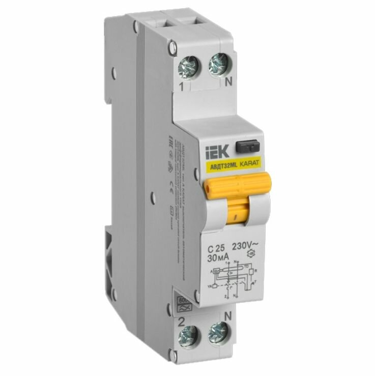 Дифф. автомат (АВДТ) 2-пол. (1P+N) 25А C 30мА тип A 6кА 1-мод. АВДТ32ML Karat IEK