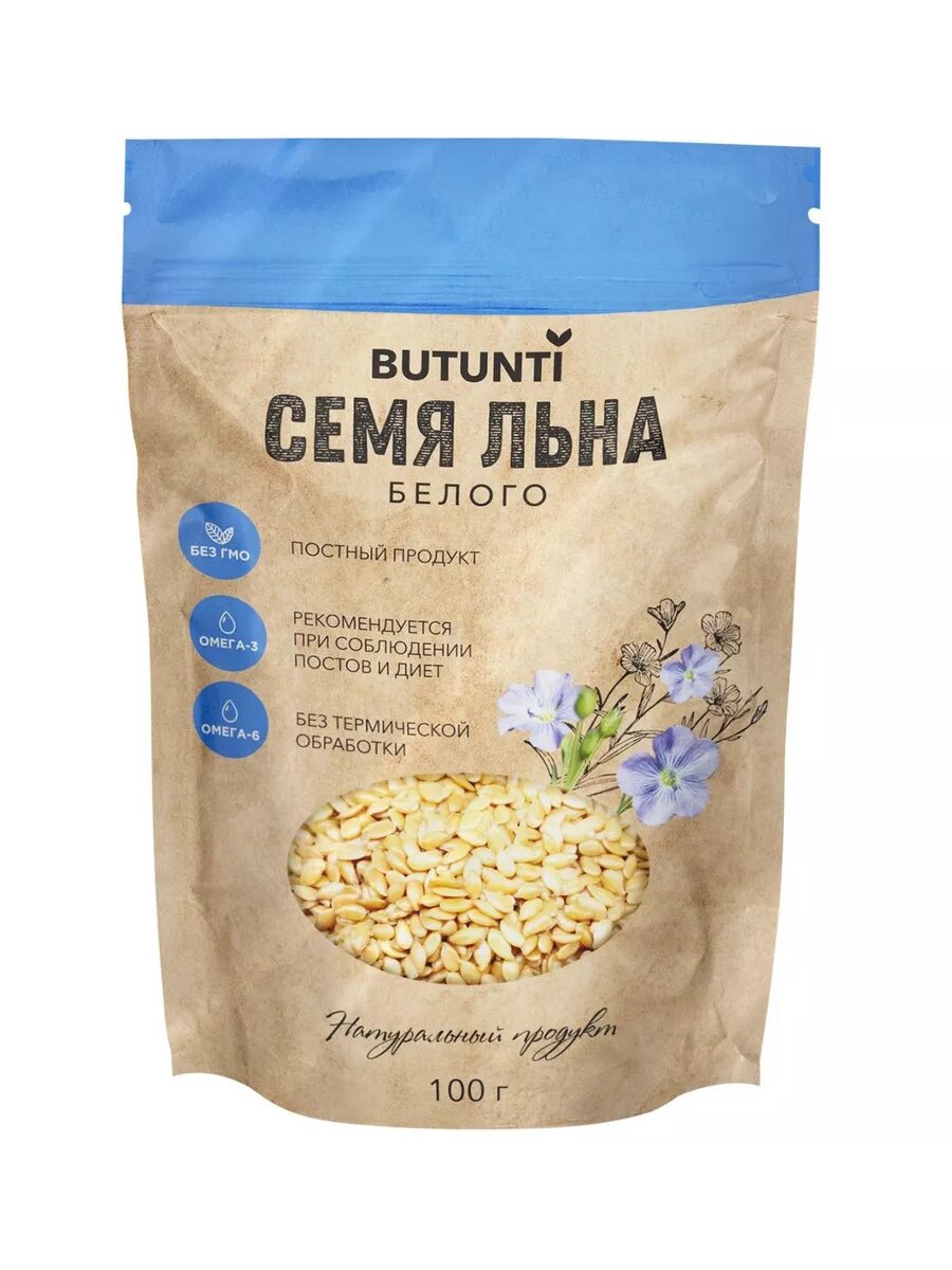 Butunti Семя льна белого, семена цельные, 100 г, 1шт.