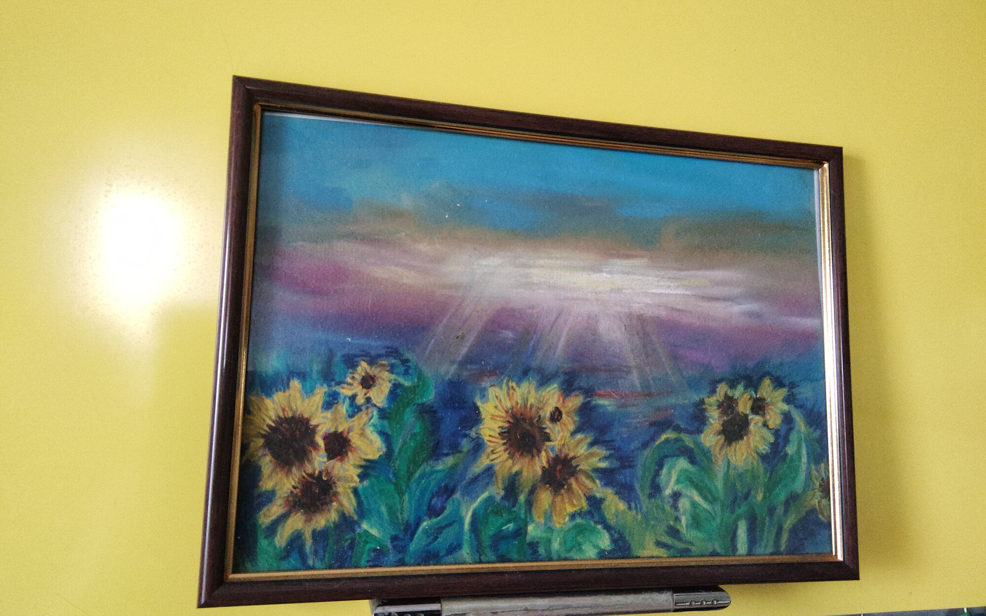 Авторская пастель, эксклюзивная картина в раме "Поле подсолнухов"