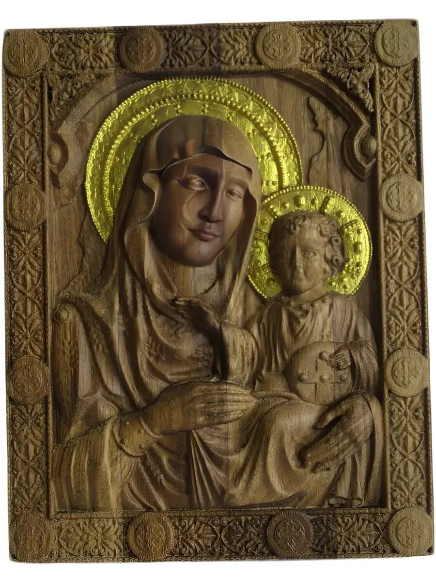 Освященная Икона Иерусалимской Божией Матери резная из дуба