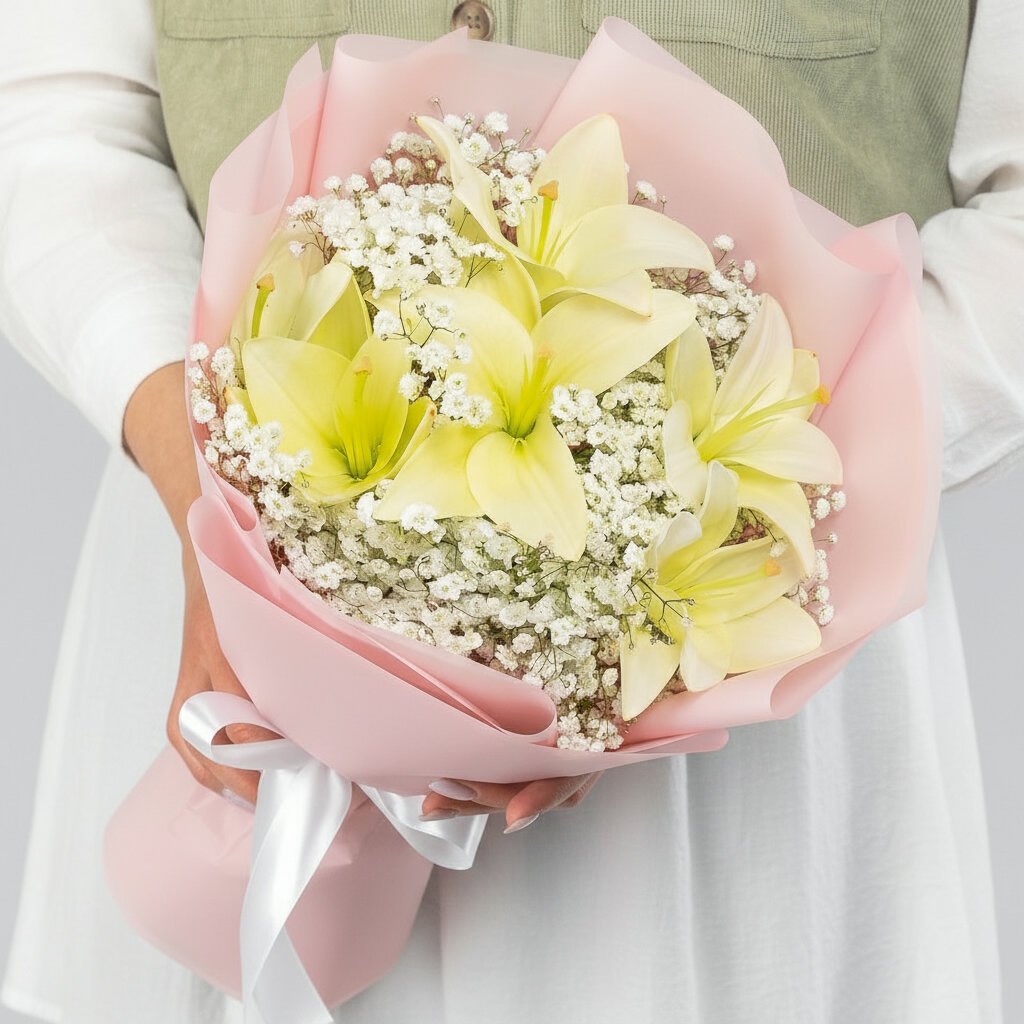 Дуо-букет Мегацвет24 "Гипсофила и Лилия", мини, белый, дизайнерская упаковка