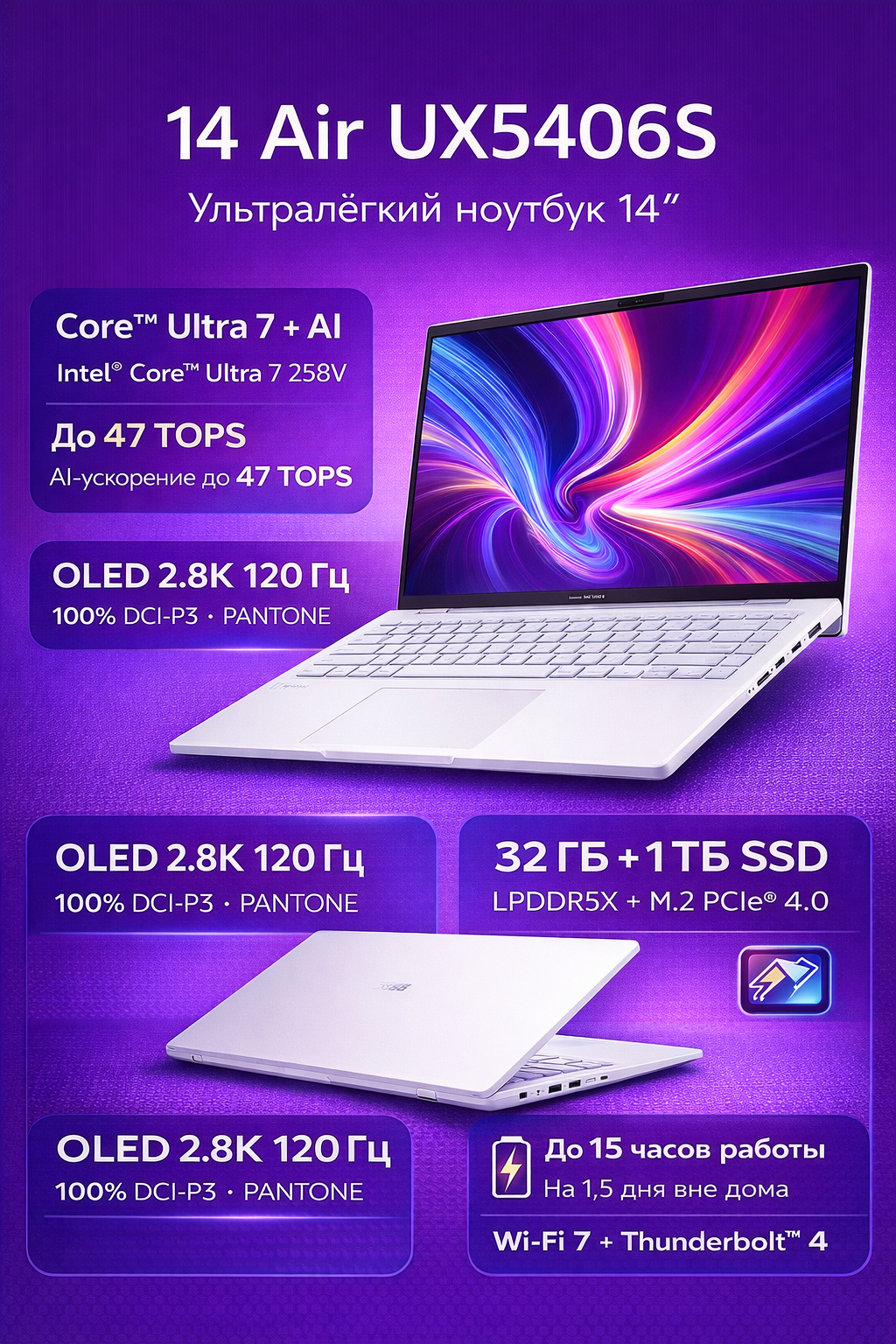 ASUS ZenBook Air 14 14.0" OLED 120Hz Intel Core ULTRA 7-258V 1TB SSD 32GB LPDDR5X Ru/En раскладка Win 11Home