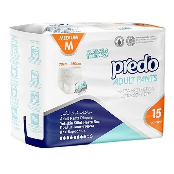Подгузники-трусы для взрослых predo m 70-120 см, 15 шт, 360° пояс, индикатор влажности