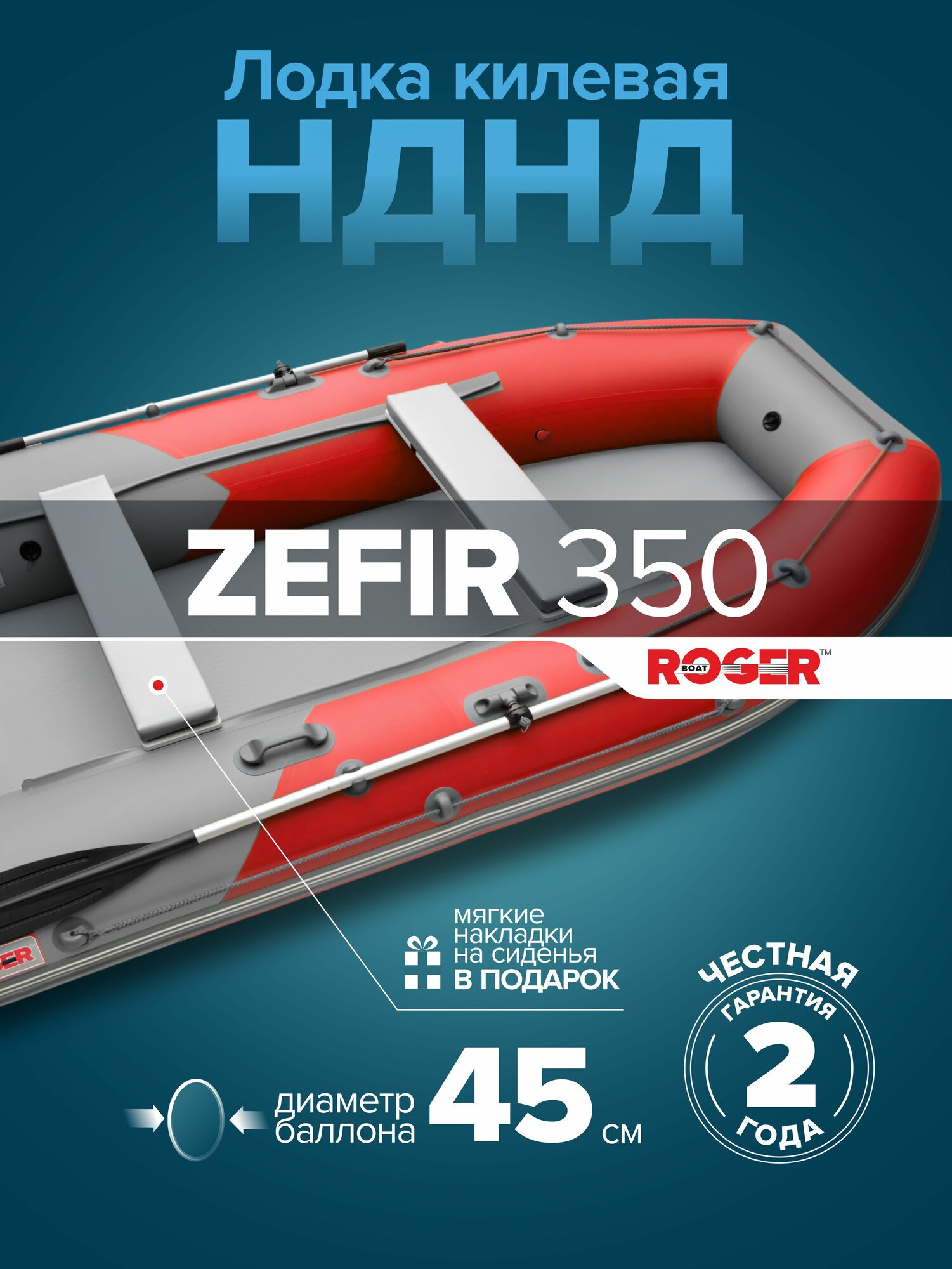 Лодка ПВХ под мотор ROGER Zefir 350, надувная для рыбалки роджер НДНД с ковриком призма (красный-серый)