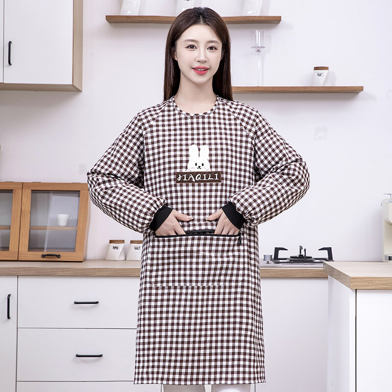 Хлопковый фартук с длинными рукавами и стильной вышивкой в виде кролика, подходит для работы по дому, приготовления пищи, защиты от пыли и пятен, удобная и дышащая рабочая одежда.