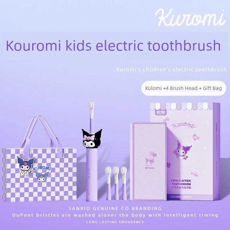 Электрическая зубная щетка Kuromi для детей с 4 насадками и подарочной сумкой, аккумуляторная ультразвуковая вибрация