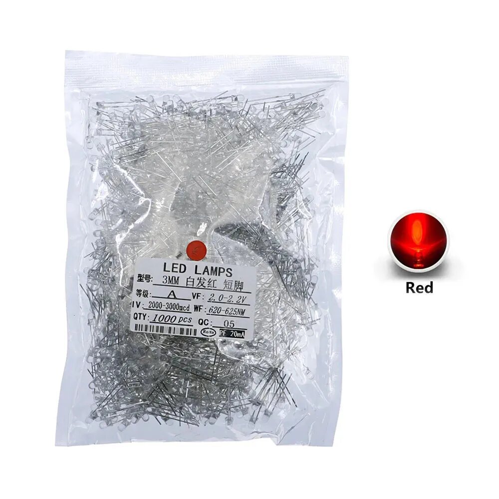Светодиоды 3 мм, 1000 шт, White-Red