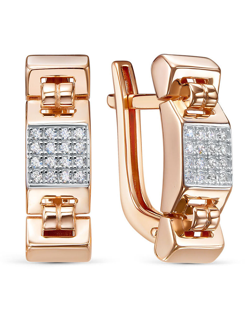 Серьги двусторонние, красное золото, 585 проба, фианит