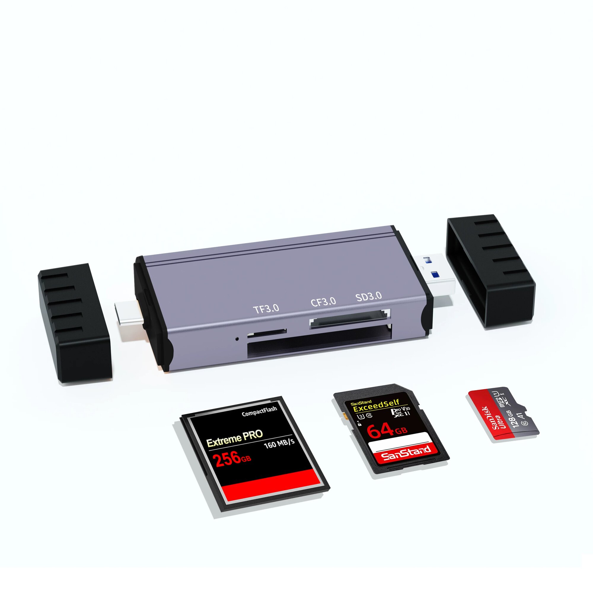 Высокоскоростной металлический карт-ридер USB 3.0 и Type-C для CF, SD, TF карт