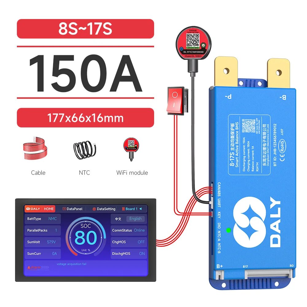 DALY Smart BMS LiFePo4 100-500A 8-17S 150ABMS 4.3LCD