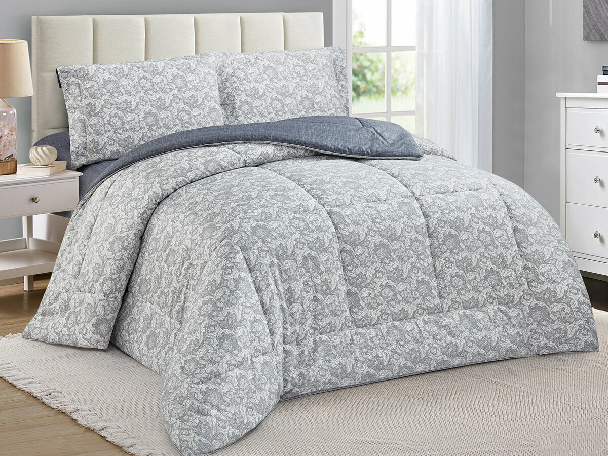 Постельное белье евро с одеялом 200х220 см Cleo Notte Bianca сатин, темно-серое