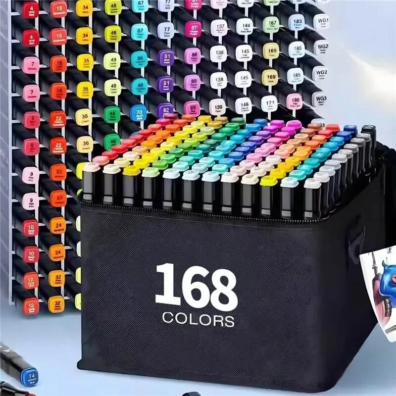 Набор акриловых маркеров для граффити 168 цветов, двусторонние, с чехлом